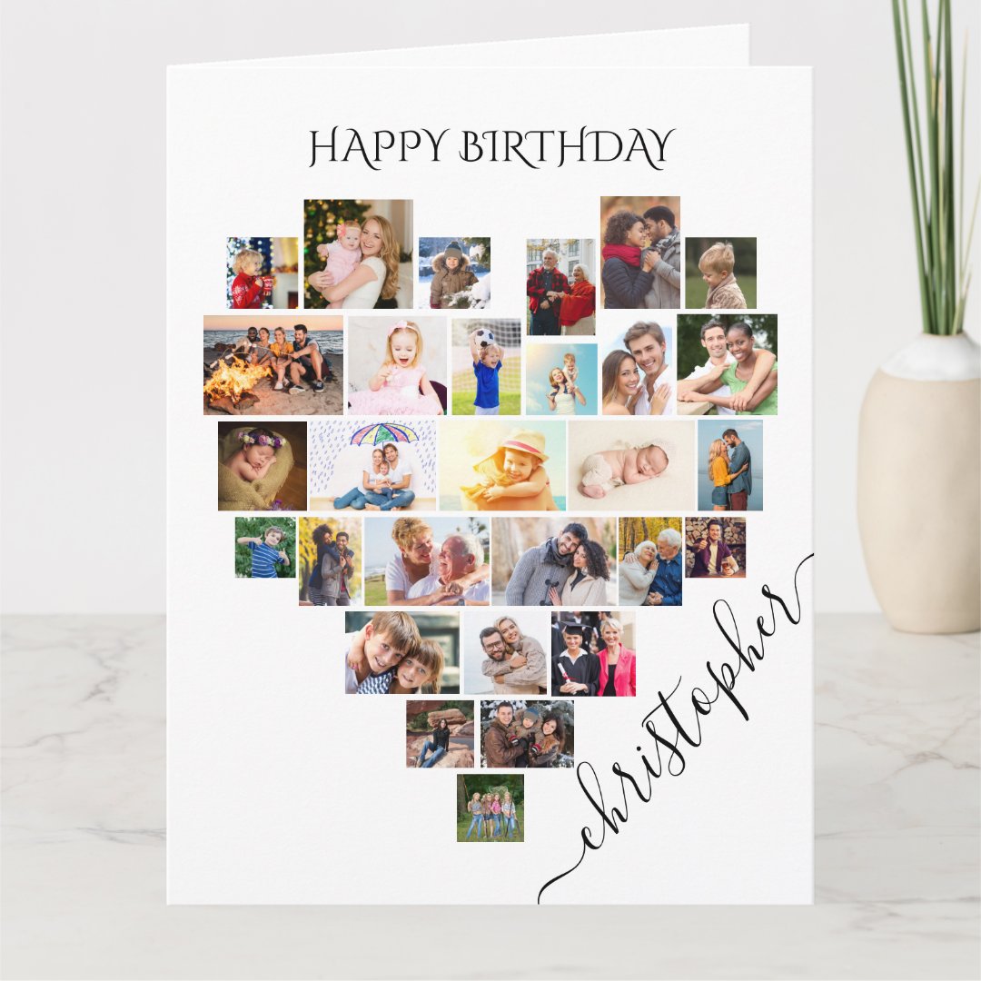 Heart Photo Collage Personalized Script Birthday Card | Zazzle
