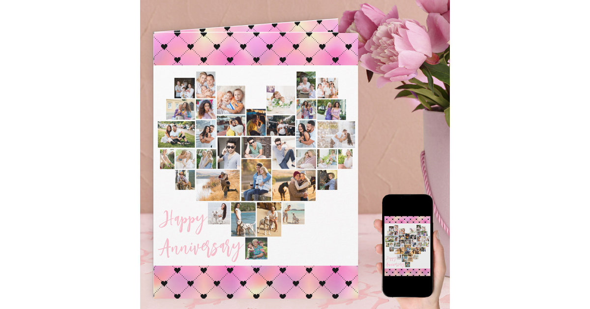Heart Photo Collage Pink Love Hearts Anniversary Card | Zazzle