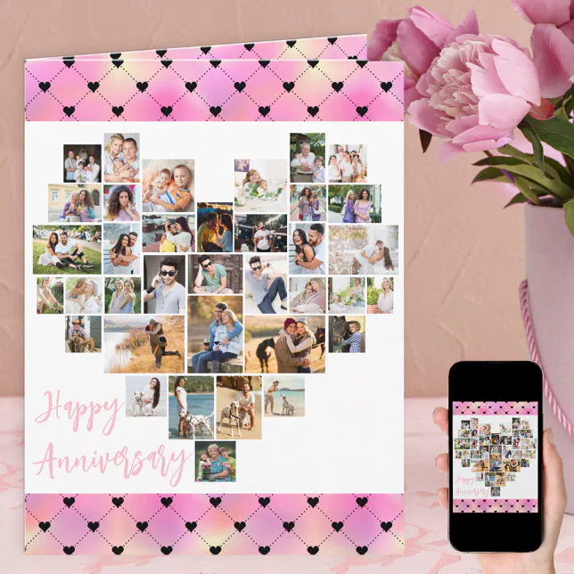 Heart Photo Collage Pink Love Hearts Anniversary Card | Zazzle