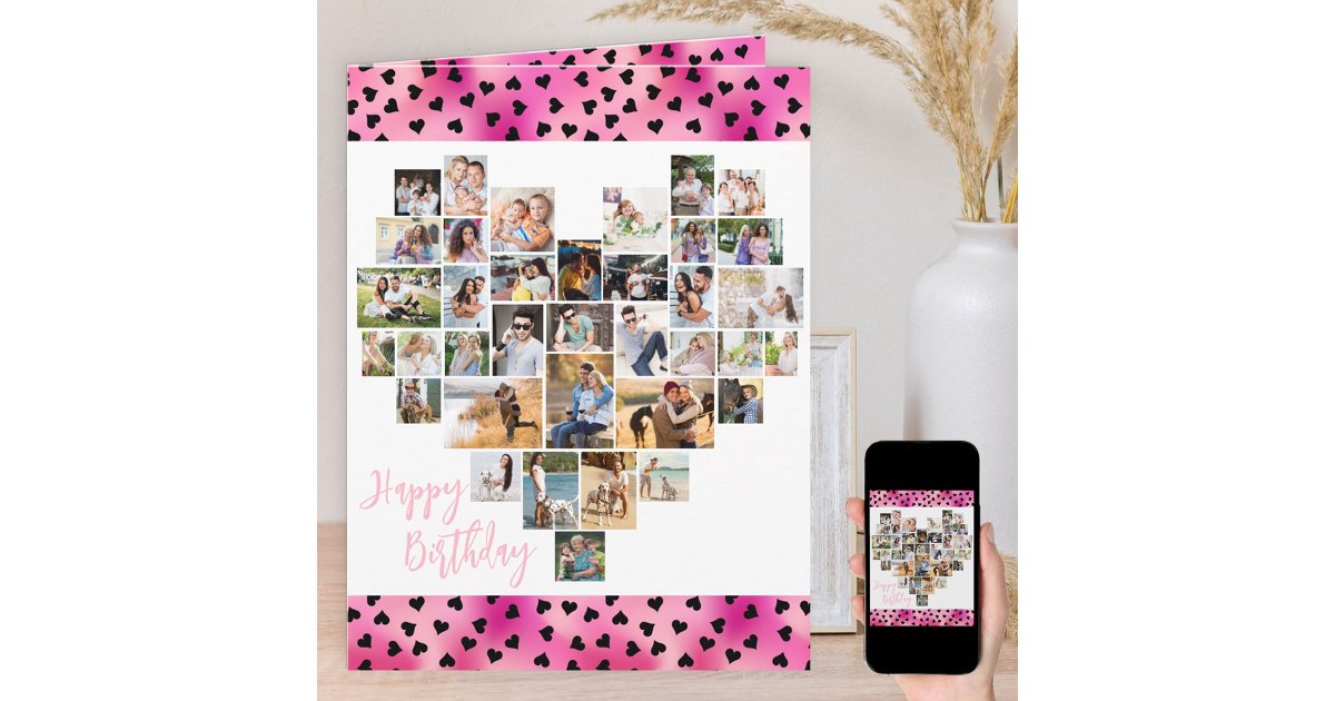 Heart Photo Collage Pink Love Hearts Birthday Card | Zazzle