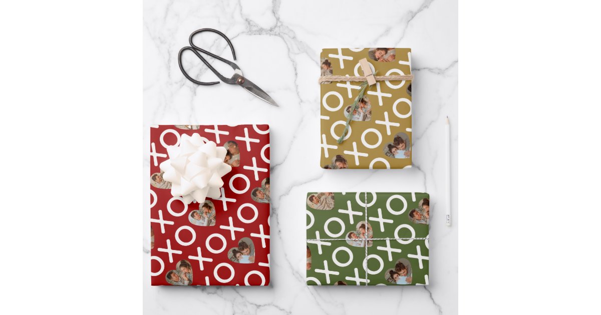 Heart Photo Collage XOXO Red Green Gold Wrapping Paper Sheets | Zazzle