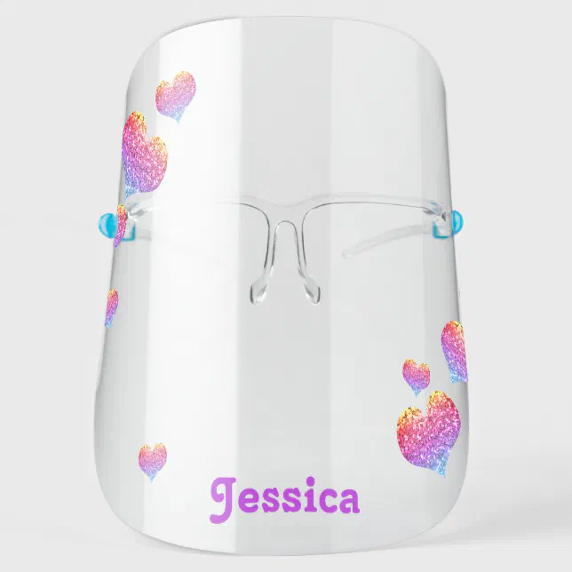 Heart Rainbow Glitter Cute Girly Personalized Face Shield | Zazzle