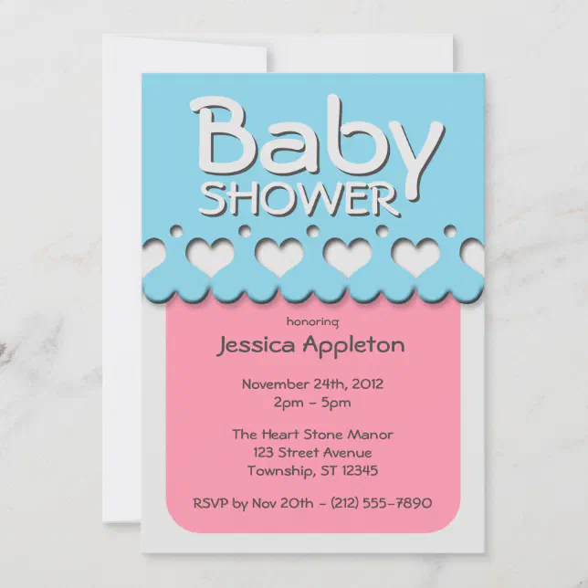 Heart Ribbon Pattern Pink & Blue Baby Shower Invitation | Zazzle
