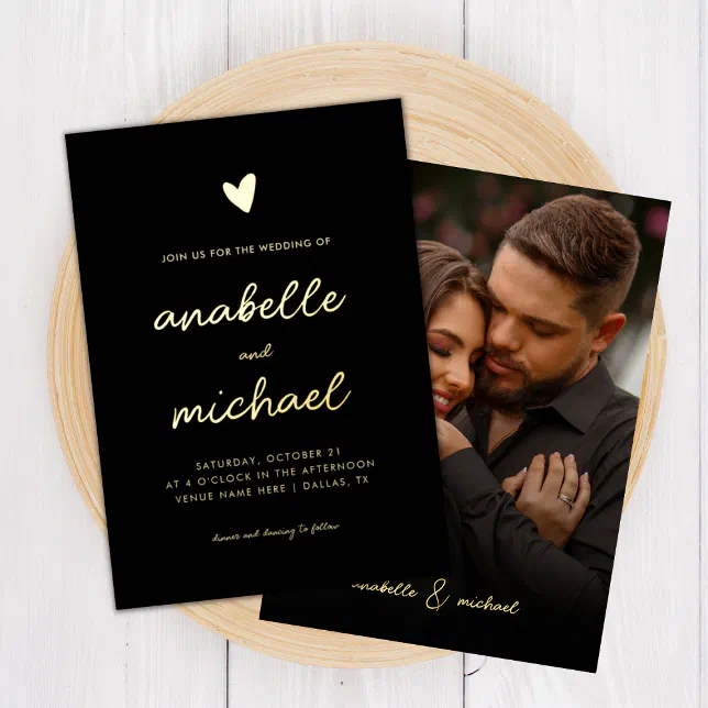 Heart & Romantic Modern Script Photo Wedding Gold Foil Invitation | Zazzle
