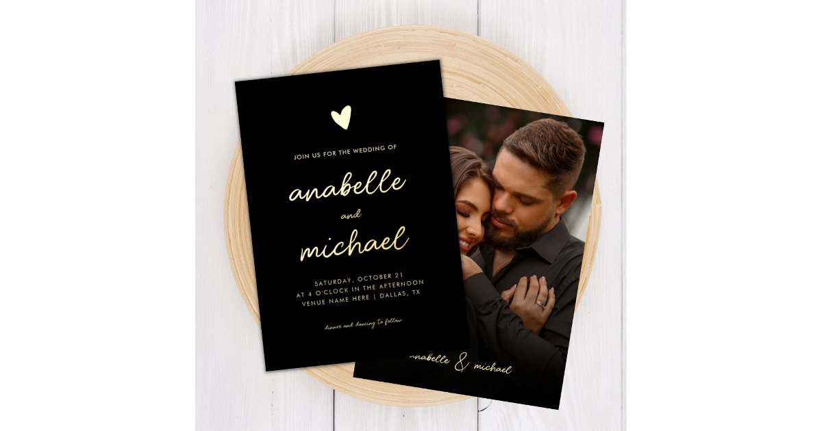 Heart & Romantic Modern Script Photo Wedding Gold Foil Invitation | Zazzle