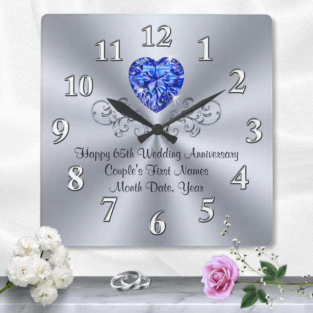 Heart Sapphire 65th Wedding Anniversary Gift Ideas Square Wall Clock | Zazzle