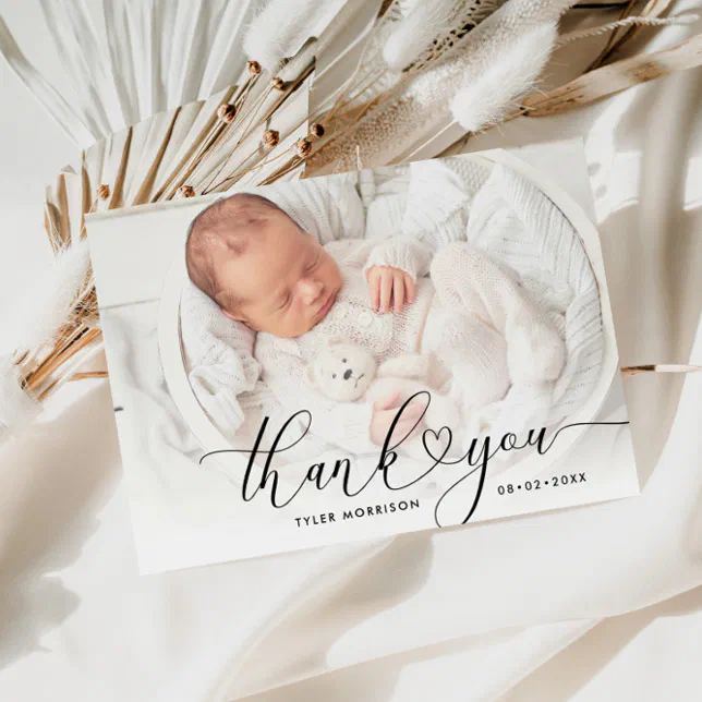 heart script birth announcement thank you card | Zazzle