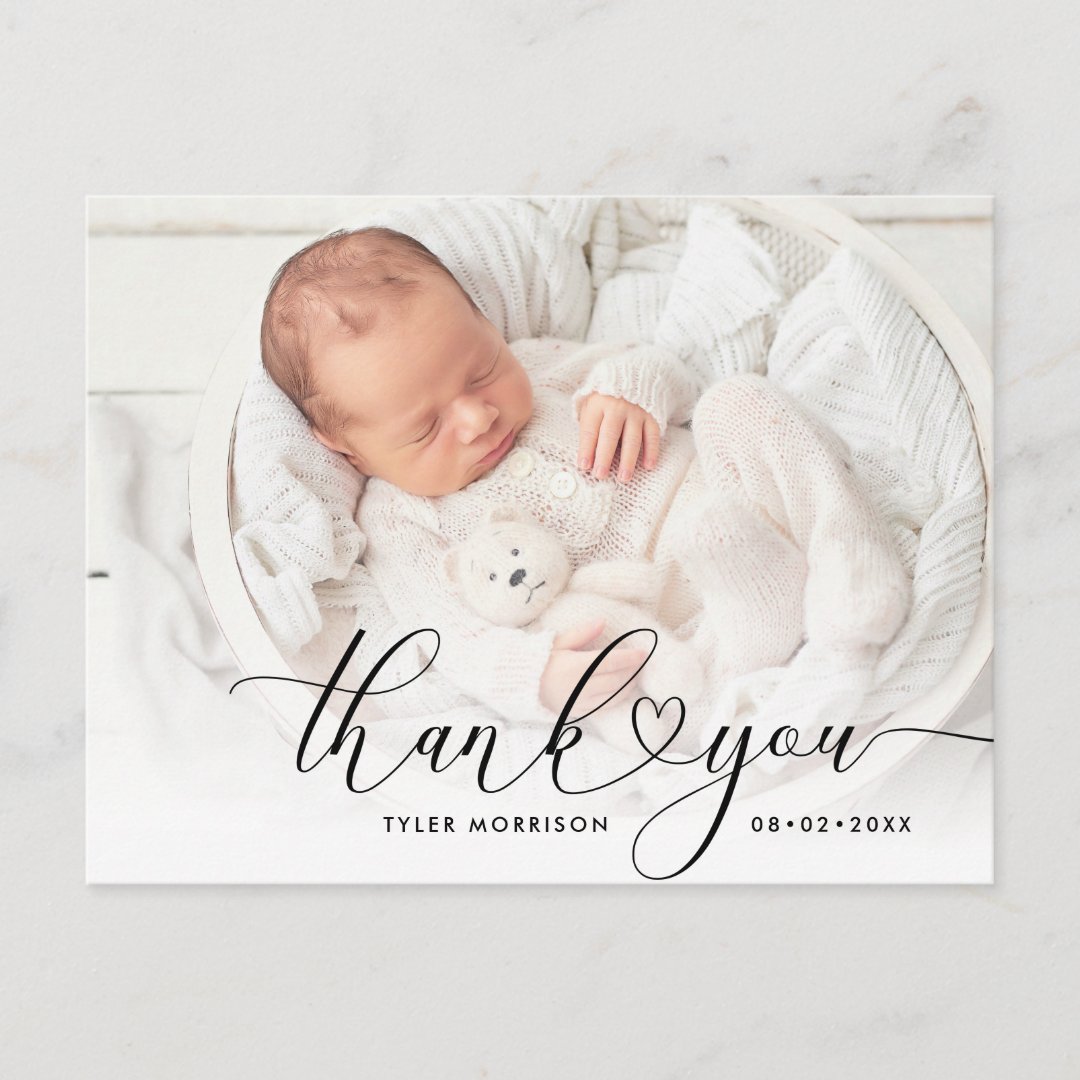 heart script birth announcement thank you card | Zazzle