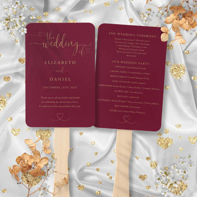 Heart Script Burgundy And Gold Wedding Program Hand Fan | Zazzle