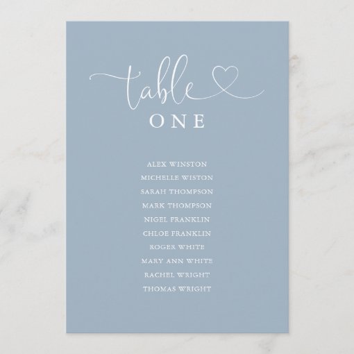 Heart Script Dusty Blue Table Number Seating Chart | Zazzle