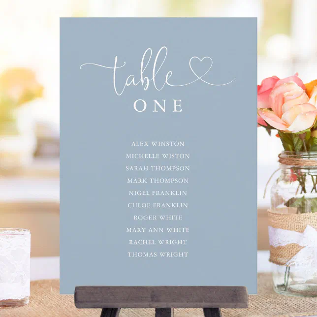 Heart Script Dusty Blue Table Number Seating Chart | Zazzle