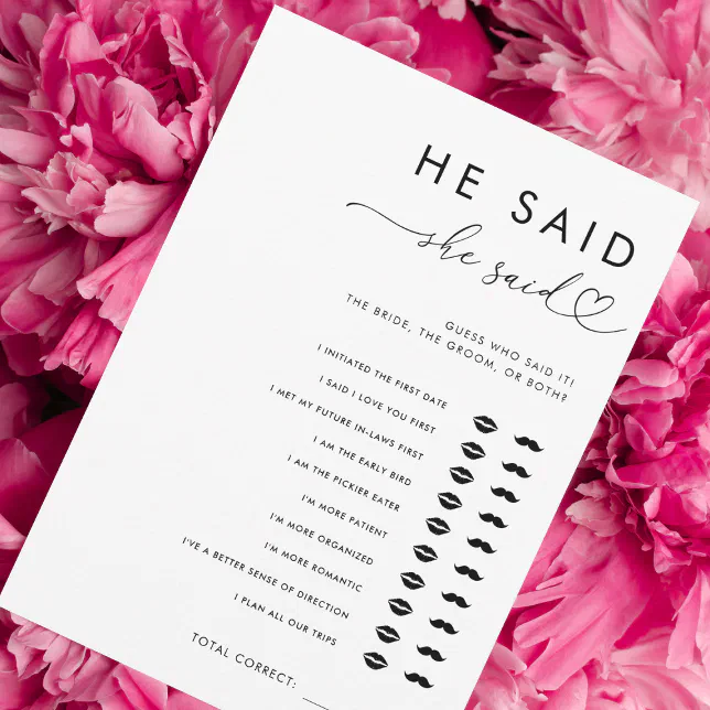 Heart Script He Said She Said Bridal Shower Game Invitation | Zazzle