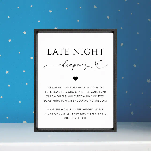 Heart Script Late Night Diapers Baby Shower Sign | Zazzle