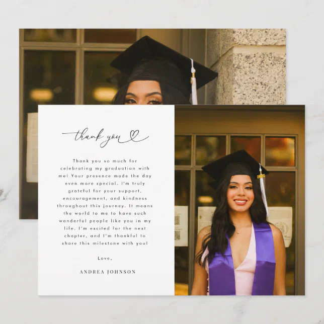 Heart Script Minimalist 2 Photo Graduation Party Thank You Card | Zazzle