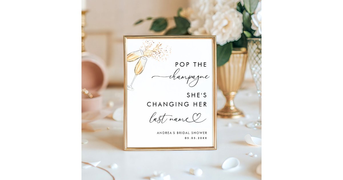 Heart Script Pop the Champagne Bridal Shower Sign | Zazzle