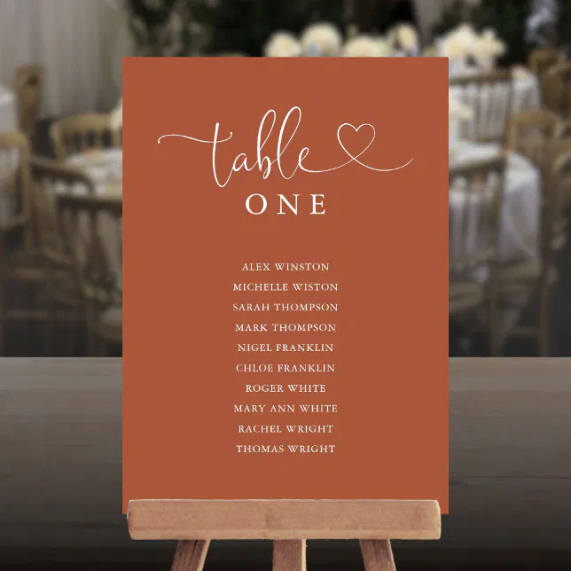 Heart Script Terracotta Table Number Seating Chart | Zazzle