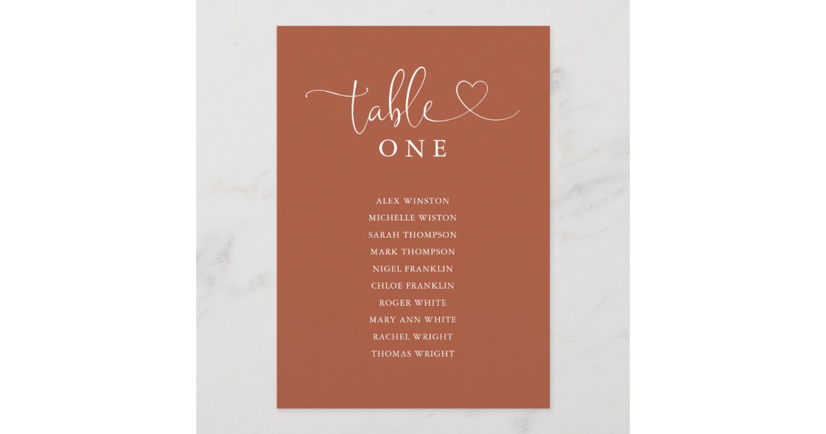 Heart Script Terracotta Table Number Seating Chart | Zazzle