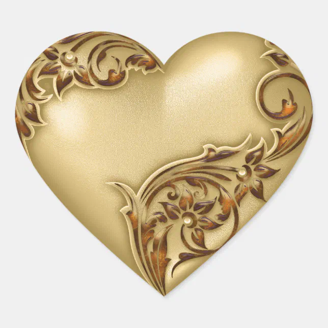 Heart Scroll Gold w Red Gold Heart Sticker | Zazzle