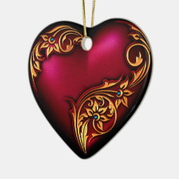 Heart Scroll Red Gold Ceramic Ornament | Zazzle