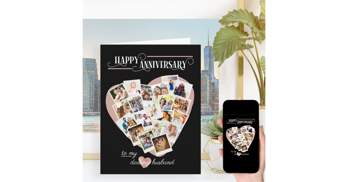 Heart Shape Photo Collage Wedding Anniversary Card | Zazzle