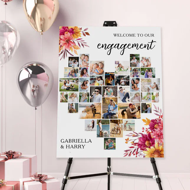 Heart Shaped 36 Photo Collage Engagement Party Foam Board | Zazzle