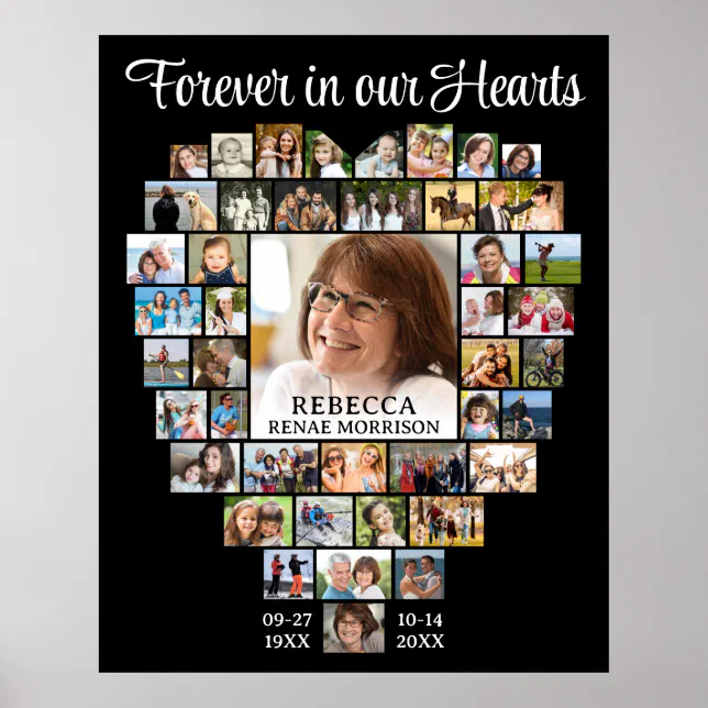 Heart Shaped 45 Photo Collage Funeral Memorial Poster | Zazzle