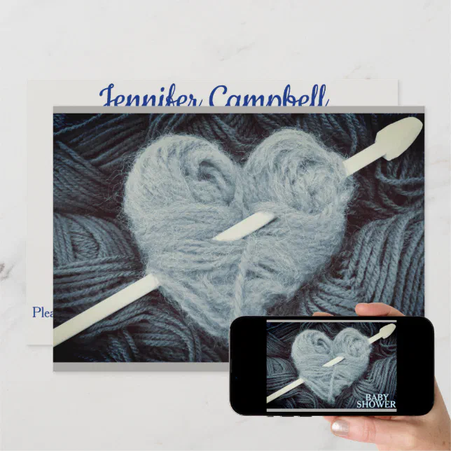 heart-shaped blue yarn baby boy shower invitation | Zazzle