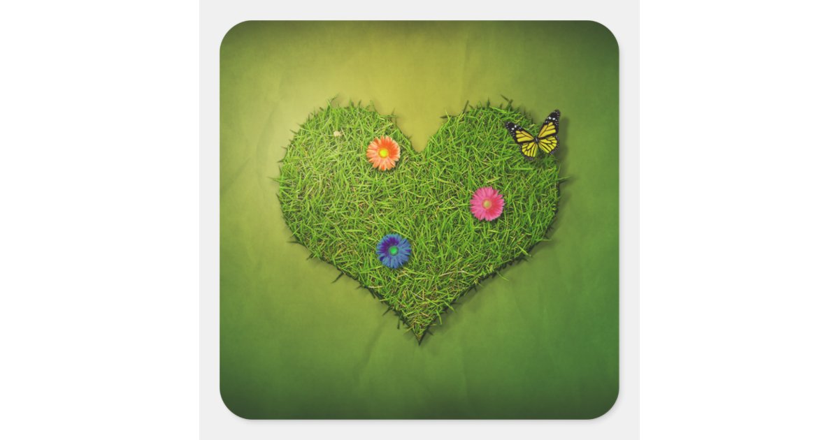 Heart-Shaped Lawn Flowers Butterfly Square Sticker | Zazzle