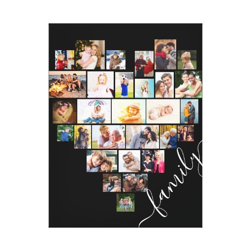 Heart Shaped Photo Collage Family Script Canvas Print | Zazzle