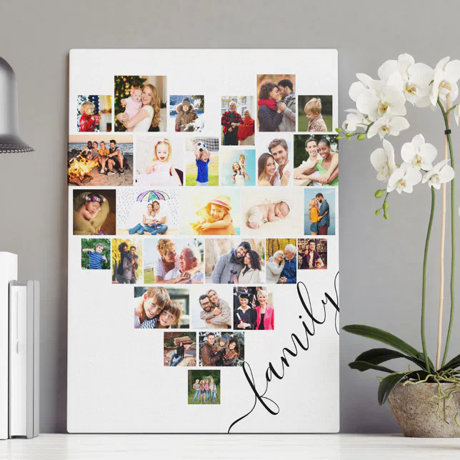 Heart Shaped Photo Collage Family Script White Canvas Print | Zazzle