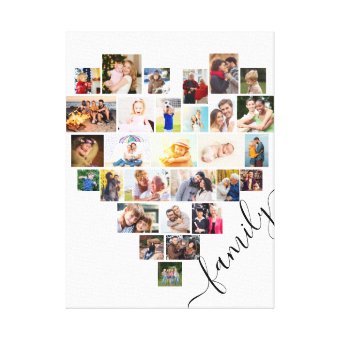 Heart Shaped Photo Collage Family Script White Canvas Print | Zazzle