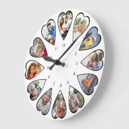 Heart Shaped Photos White Round Large Clock | Zazzle