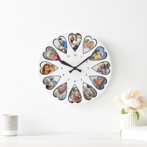 Heart Shaped Photos White Round Large Clock | Zazzle