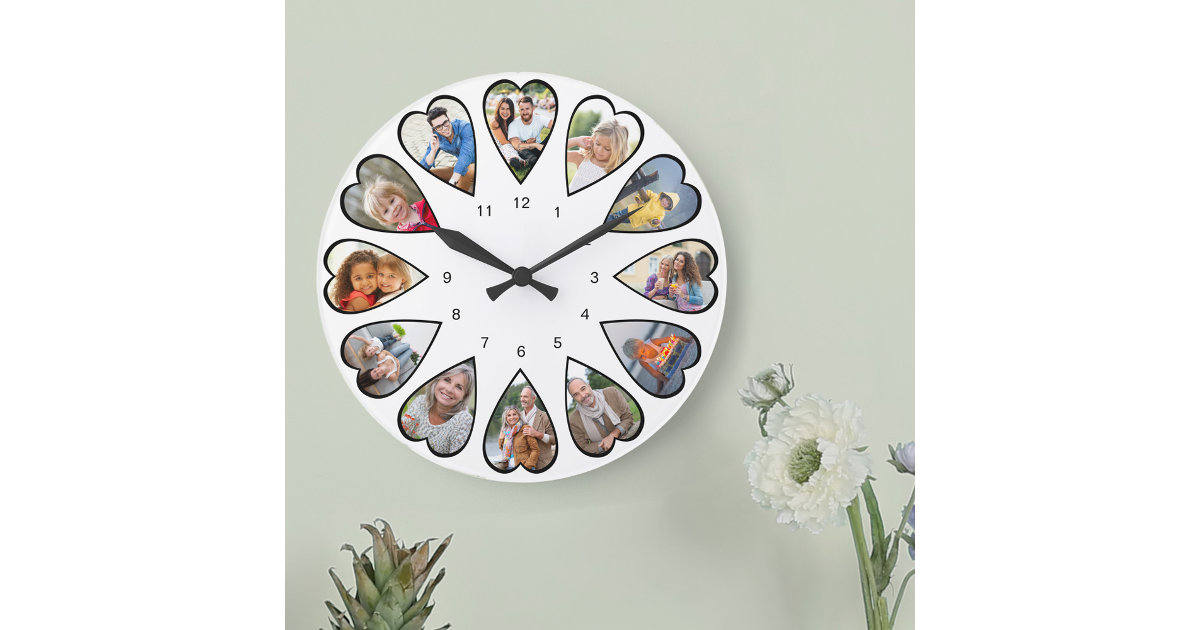 Heart Shaped Photos White Round Large Clock | Zazzle