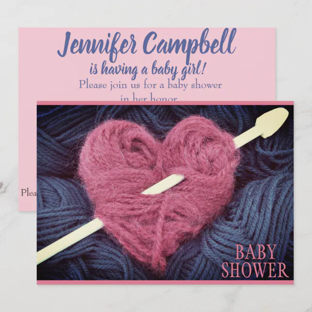 heart-shaped pink yarn baby girl shower invitation | Zazzle