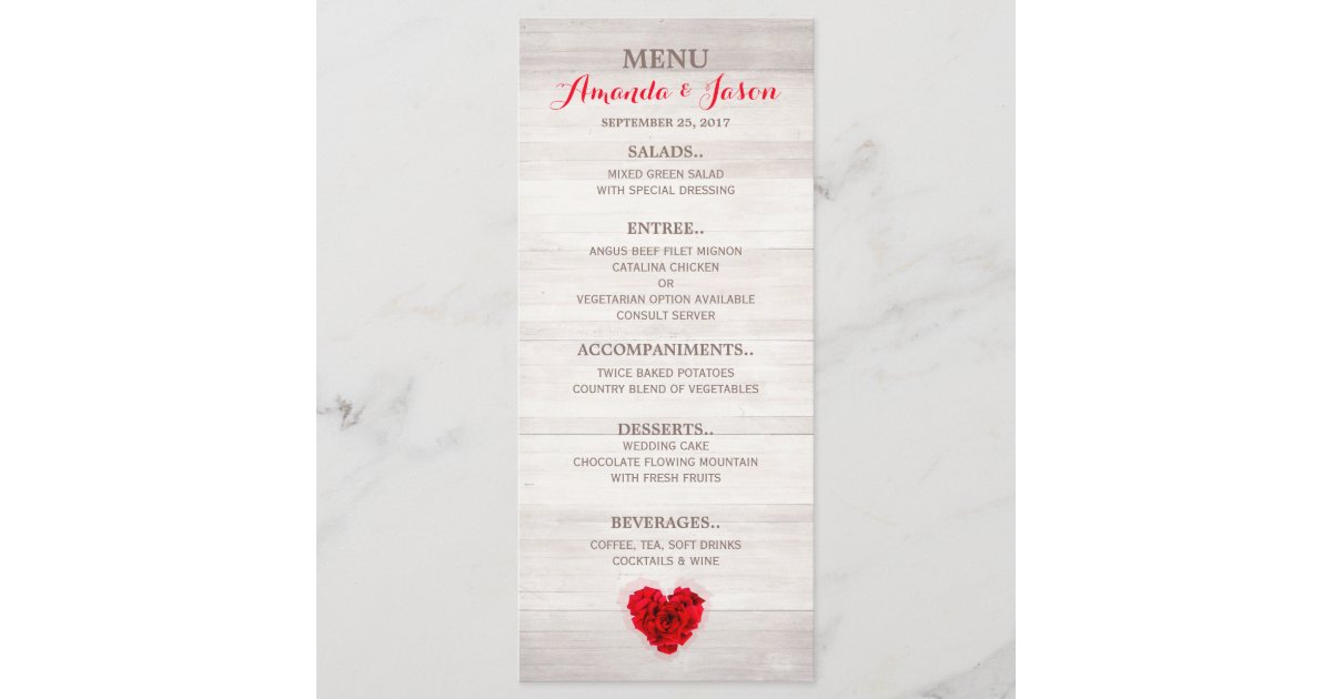 Heart shaped Red rose wedding menu hhn01 | Zazzle