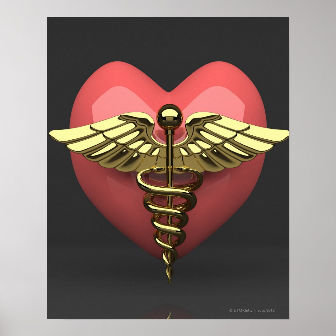 Heart symbol with medical symbol (caduceus) poster | Zazzle