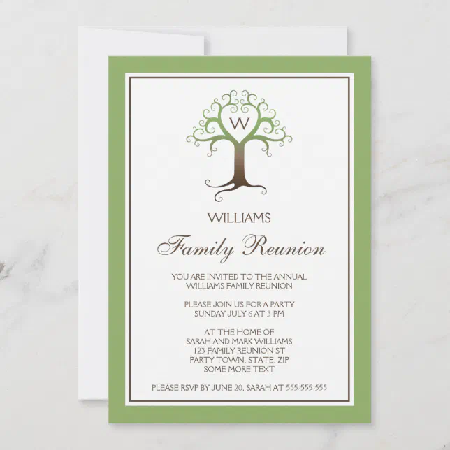 Heart tree monogram initial family reunion invite | Zazzle