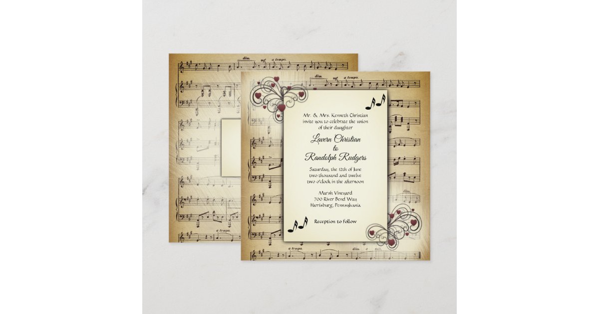 Hearts and Antique Music Theme Wedding Invitation | Zazzle