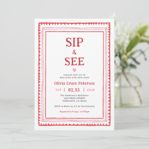 Hearts Baby Girl Sip and See Welcome Baby Invitation | Zazzle