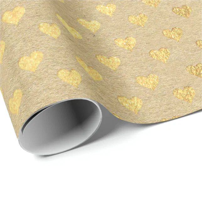 Hearts Confetti Kraft Gold Natural Elegant Minimal Wrapping Paper | Zazzle