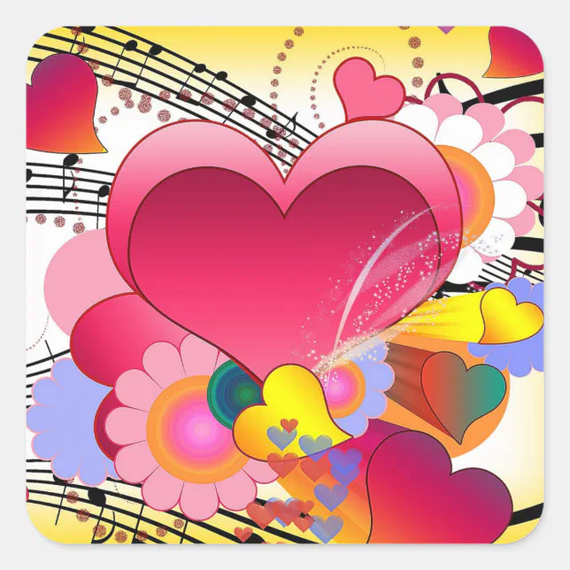 Hearts Flowers and Music Notes Square Sticker | Zazzle