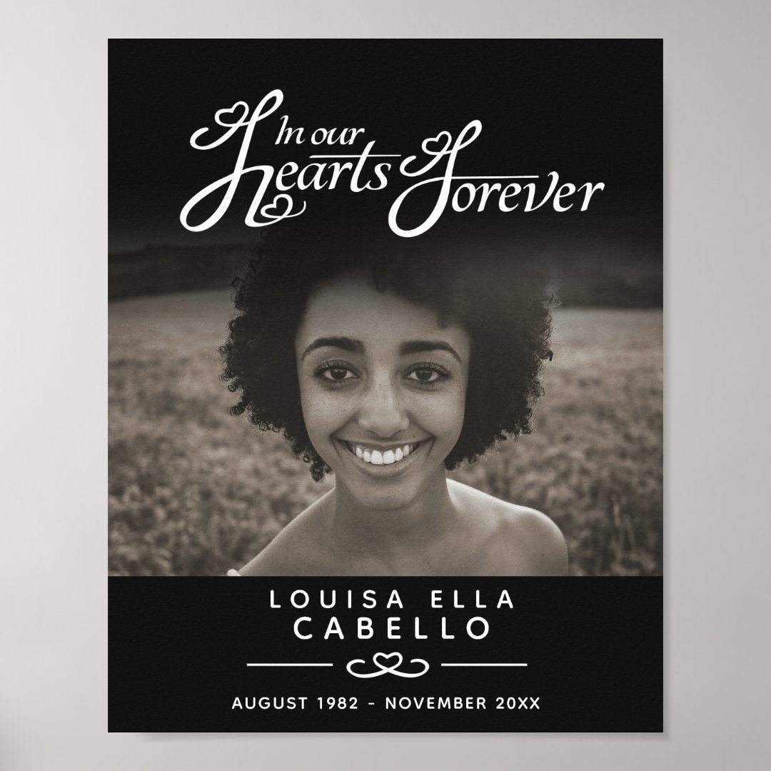 Hearts forever funeral remembrance black poster | Zazzle