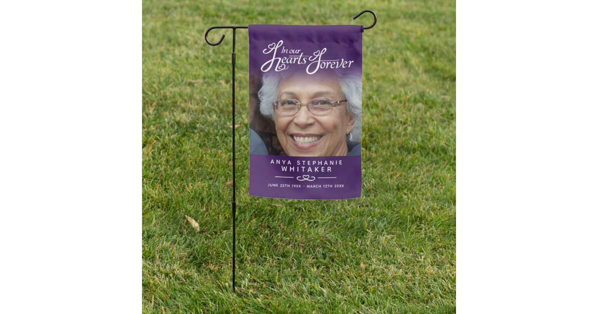 Hearts forever funeral tribute memorial purple garden flag | Zazzle