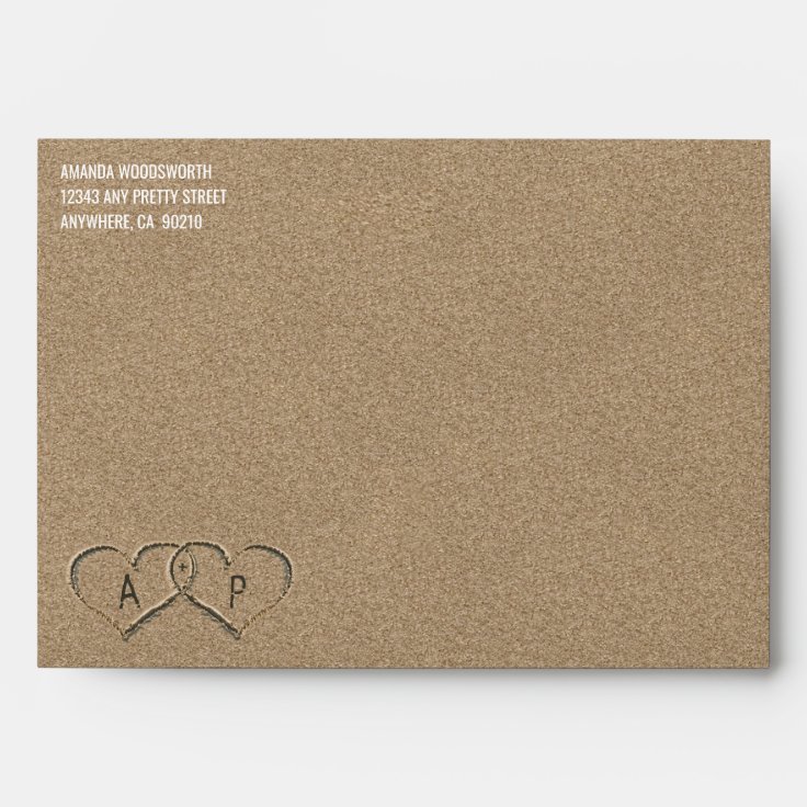 Hearts in the Sand Beach Sand Wedding Envelopes | Zazzle