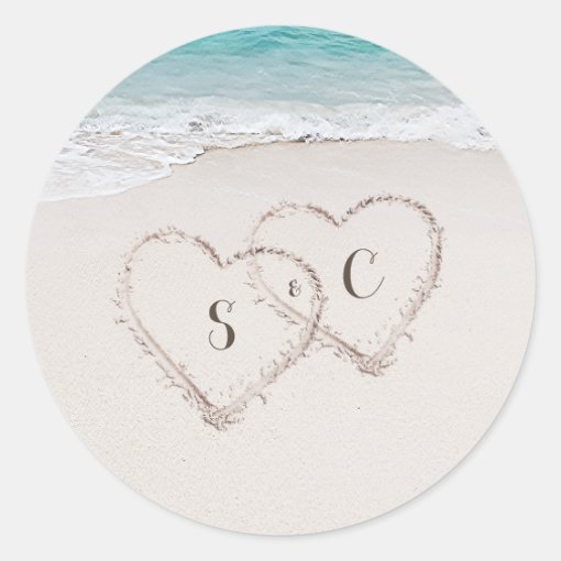 Hearts in the sand destination beach wedding classic round sticker | Zazzle