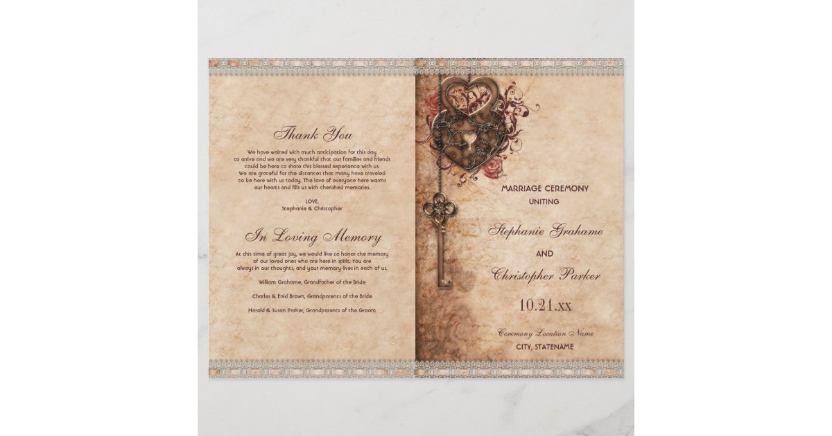 Hearts Lock and Key Wedding Ceremony Program | Zazzle