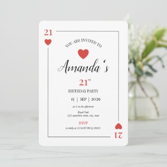 Hearts Playing Card 21st Birthday Invitation | Zazzle