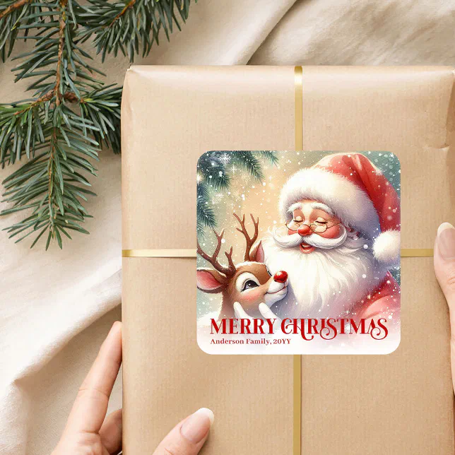 Heartwarming Personalized Santa and Rudolph Sticke Square Sticker | Zazzle