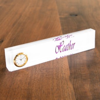 Heather, Name, Logo, Desk Name Plate With Clock. | Zazzle